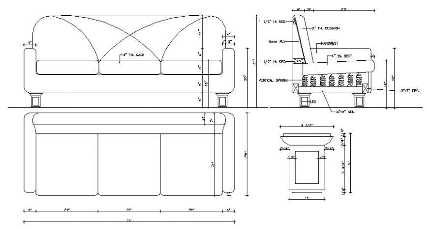 Cad Drawings Details Of Top And Side View Of Three Seater Bent Sofa